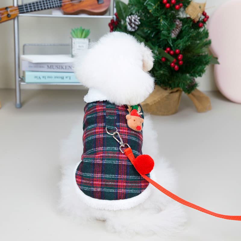 UETZLTB Christmas Dog Jacket Harness and Leash Warm Winter Windproof Puppy Fleece Coat Vest Cute Reindeer Plaid Pet Clothes for Small Medium Dogs Cats