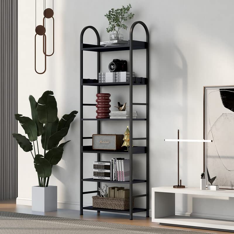 Tejomi 6-Tier Tall Bookshelf, 70.8" Industrial Wooden Bookcase with Open Shelves, Free Standing Metal Storage Rack Display Rack for Living Room, Office, Hallway, Kitchen - Black