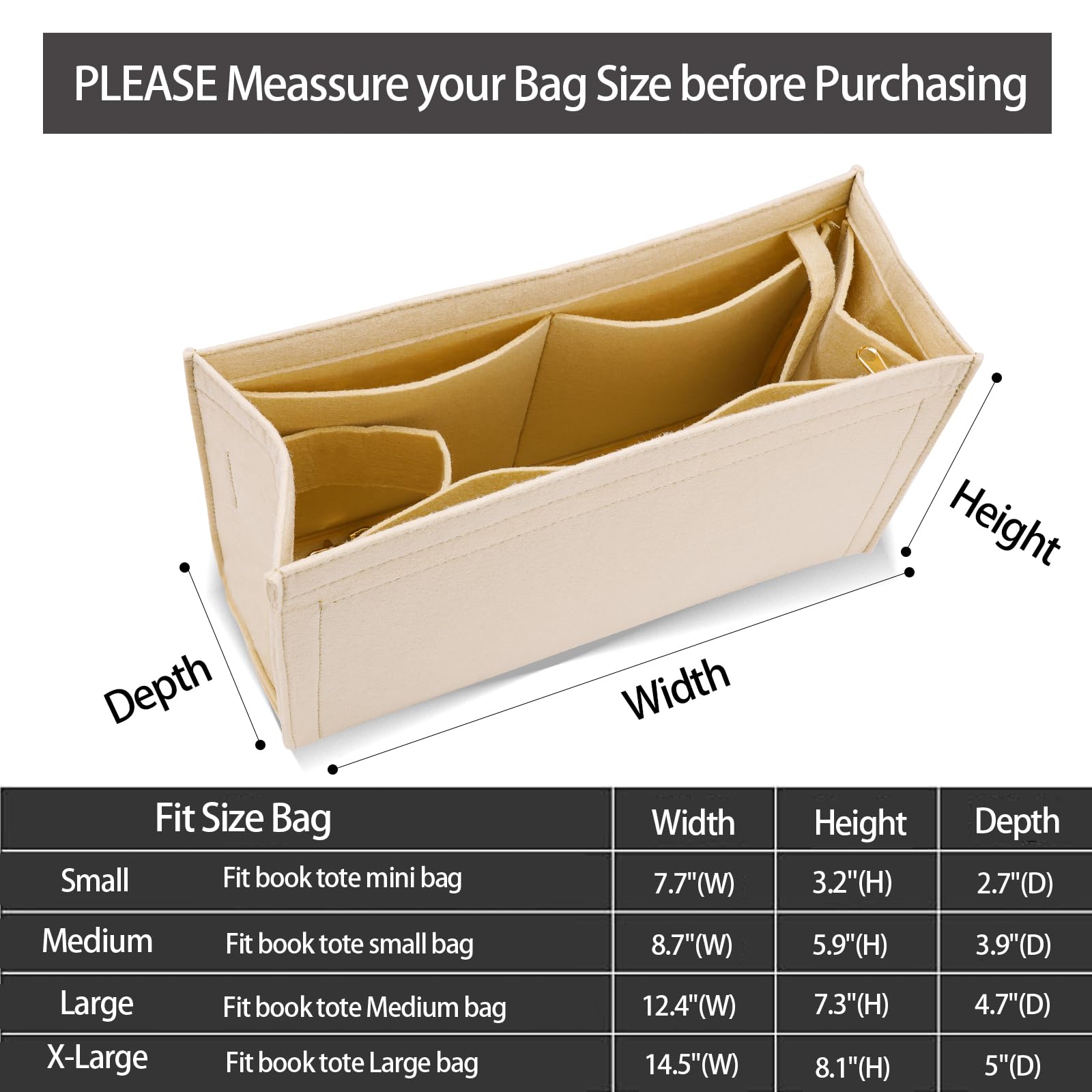 LOUKAYCCI Purse Insert Organizer for Medium dior book tote Bag Insert,Premium Purse Felt Insert Multiple Pockets (Large, Khaki)