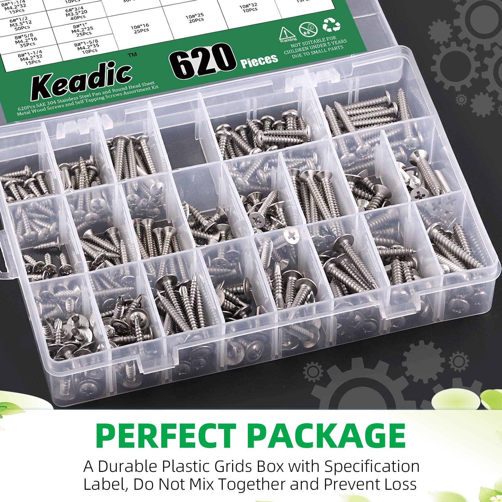 Keadic 620 Pcs 304 Stainless Steel #6#8#10 Self Tapping Screws Assortment Set Contains Round Head & Philips Flat Head & Wafer Head Self Drilling Screw Sheet Metal Screws