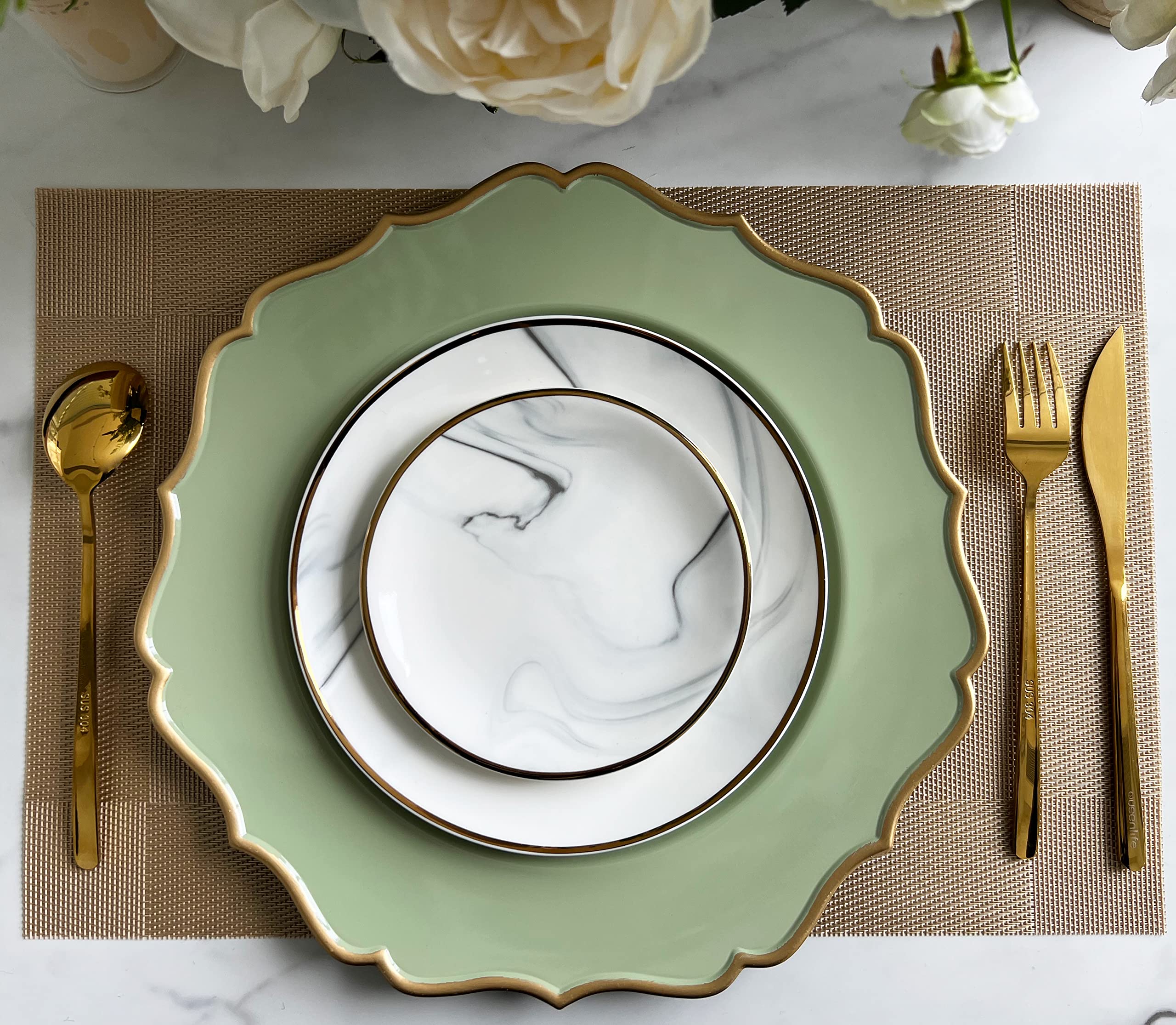Henilosson Green Charger Plates Gold Trim - Classic Plate Chargers for Dinner Plates - Set of 6 Dinner Chargers(6,Green)