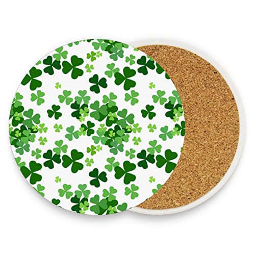 Lucky Clover Shamrocks Drink Coaster with Cork Base, Patrick Day Round Moisture Absorbent Coasters Set Tabletop Protection Home Decor