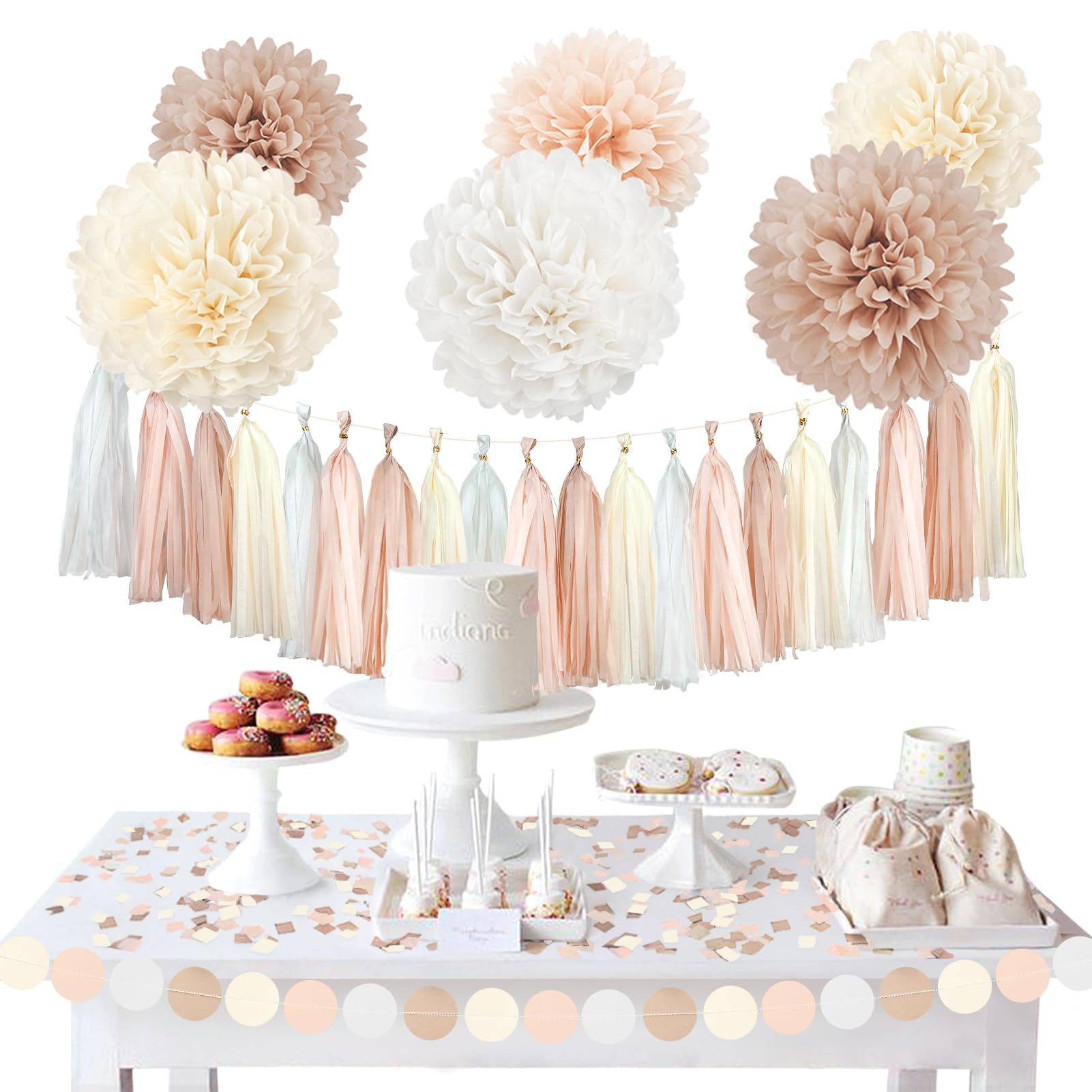 NICROHOME Boho Bridal Shower Decorations, Rustic Neutral Creamy White Tissue Paper Pom Poms Tassel, Dots Paper Garland Decorations Packages for Wedding Baby Shower Birthday Party Table Decorations