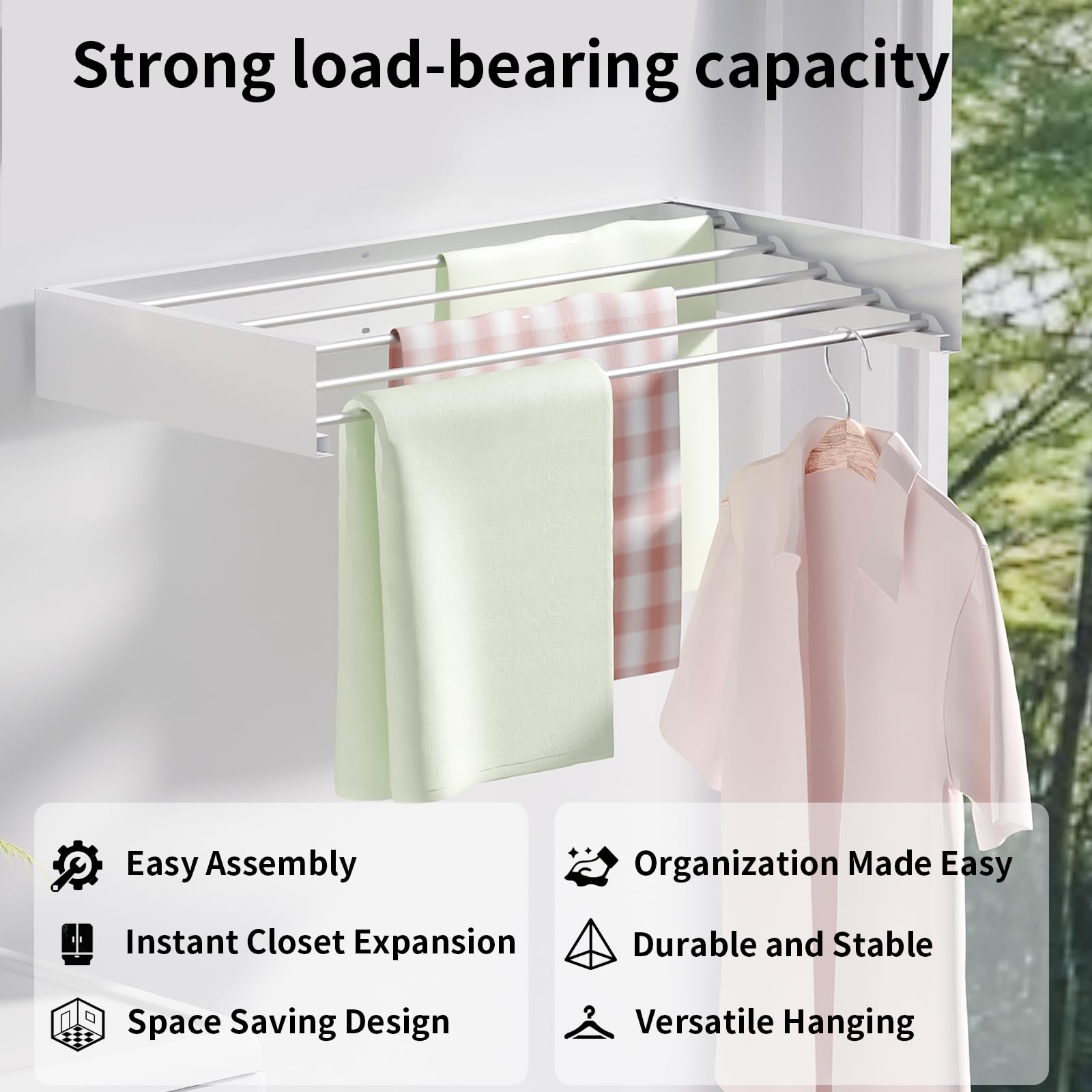 QIICMER Drying Rack Clothing,Wall Mounted Drying Rack,Collapsible Drying Racks for Laundry,Retractable Clothes Drying Rack, Laundry Space Saver Wall Mounted Rack,60 lb Capacity(White 31.5")