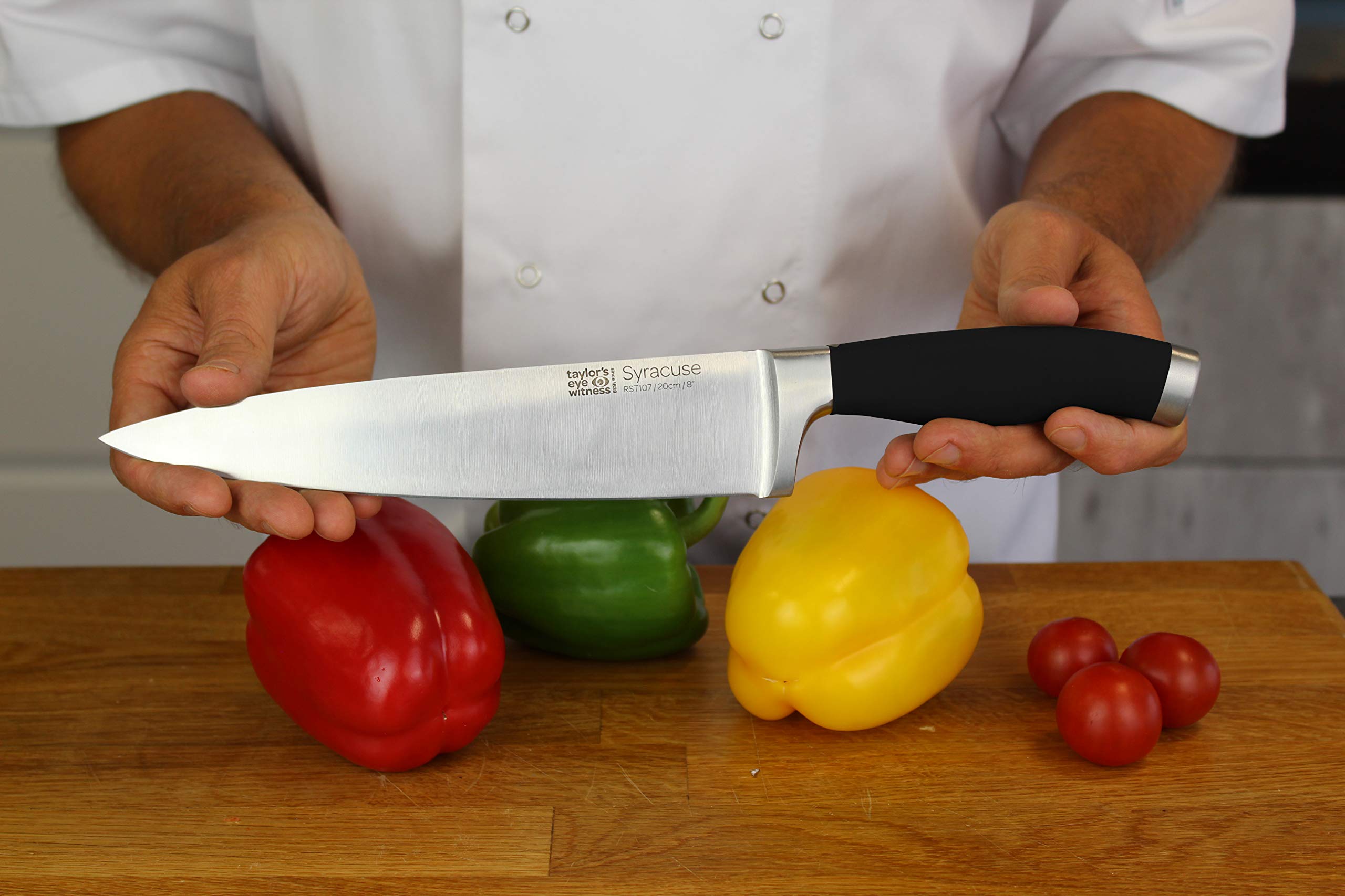 Taylors Eye Witness Syracuse Chefs/Cooks Kitchen Knife - Professional 20cm/8 Inch Cutting Edge, Multi Use. Precision Ground, Razor Sharp, Ultra Fine Blade. Soft Textured Grip Matte Black Handle.