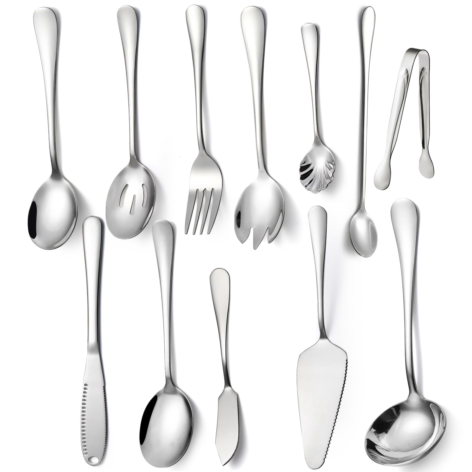 Nicunom 12 Piece Stainless Steel Serving Utensils, Silverware Serving Set Flatware Serving Tableware Cutlery Set for Home Kitchen Restaurant Party, Mirror Polished, Dishwasher Safe