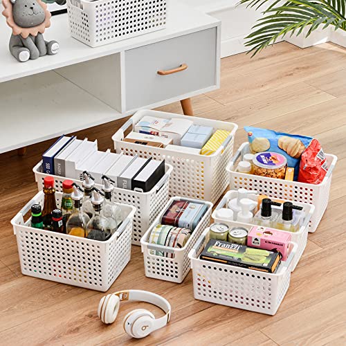 Whale Pocket 6 PCS Plastic Storage Basket, Slim White Organizer Tote Bin Shelf Baskets for Closet Organization, De-Clutter, Toys, Cleaning Products, Accessories 12.2x 8.6x 7in