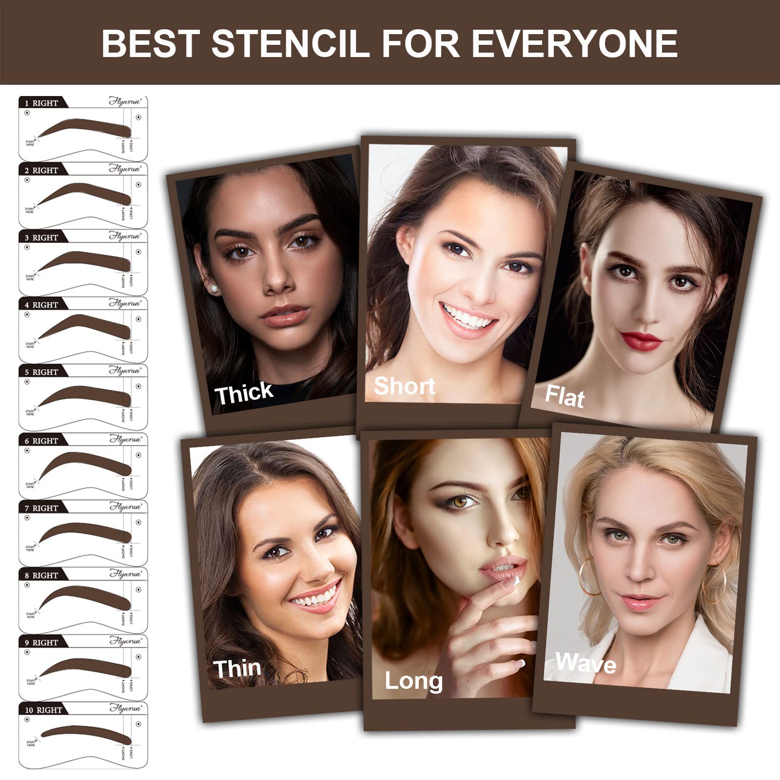 Flywrun Eyebrow Stamp Stencil Kit - One-Step Vegan Eyebrow Stamp Pomade - Long-Lasting Waterproof Smudge-Proof - With 20Pcs Reusable Thin & Thick Eyebrow Stencils for Perfect Brows (Dark Brown)