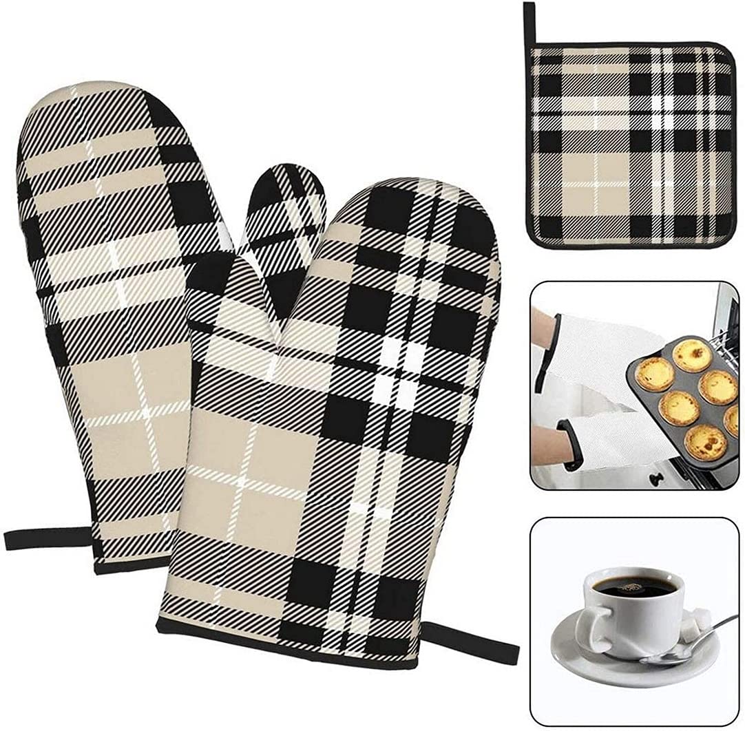 JKKL Fall Plaid Tan Black White Pattern,3pcs Oven Mitts and Pot Holders for Kitchen,Cooking,Baking,Grilling,BBQ