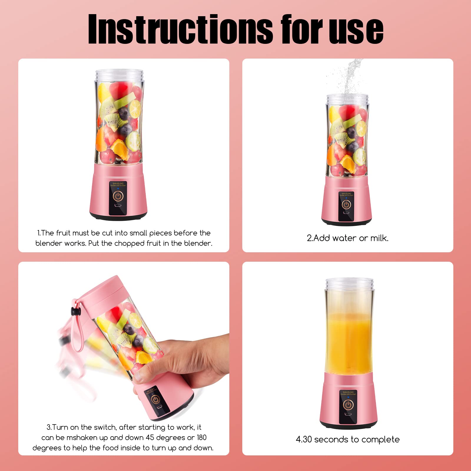 JLLOM Mini Blender Personal Portable Blender Cup for Smoothies Shakes, Portable Juicer USB Rechargeable for Travel, Small Electric Blender On The Go with Silicone Straw & Straw Cleaning Brush (Pink)
