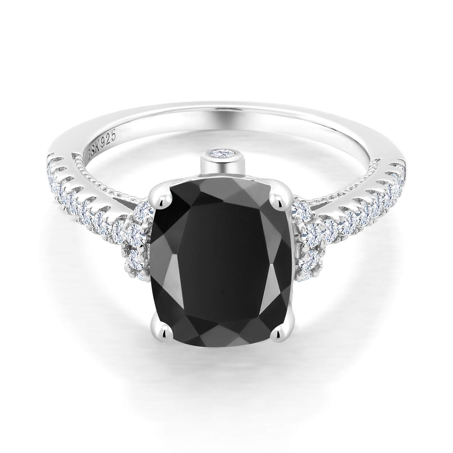 Gem Stone King 925 Sterling Silver Black Onyx and White Created Sapphire Ring | 10X8MM Cushion Cut Gemstone Birthstone Ring For Women | 3.14 Cttw | Available In Size 5, 6, 7, 8, 9