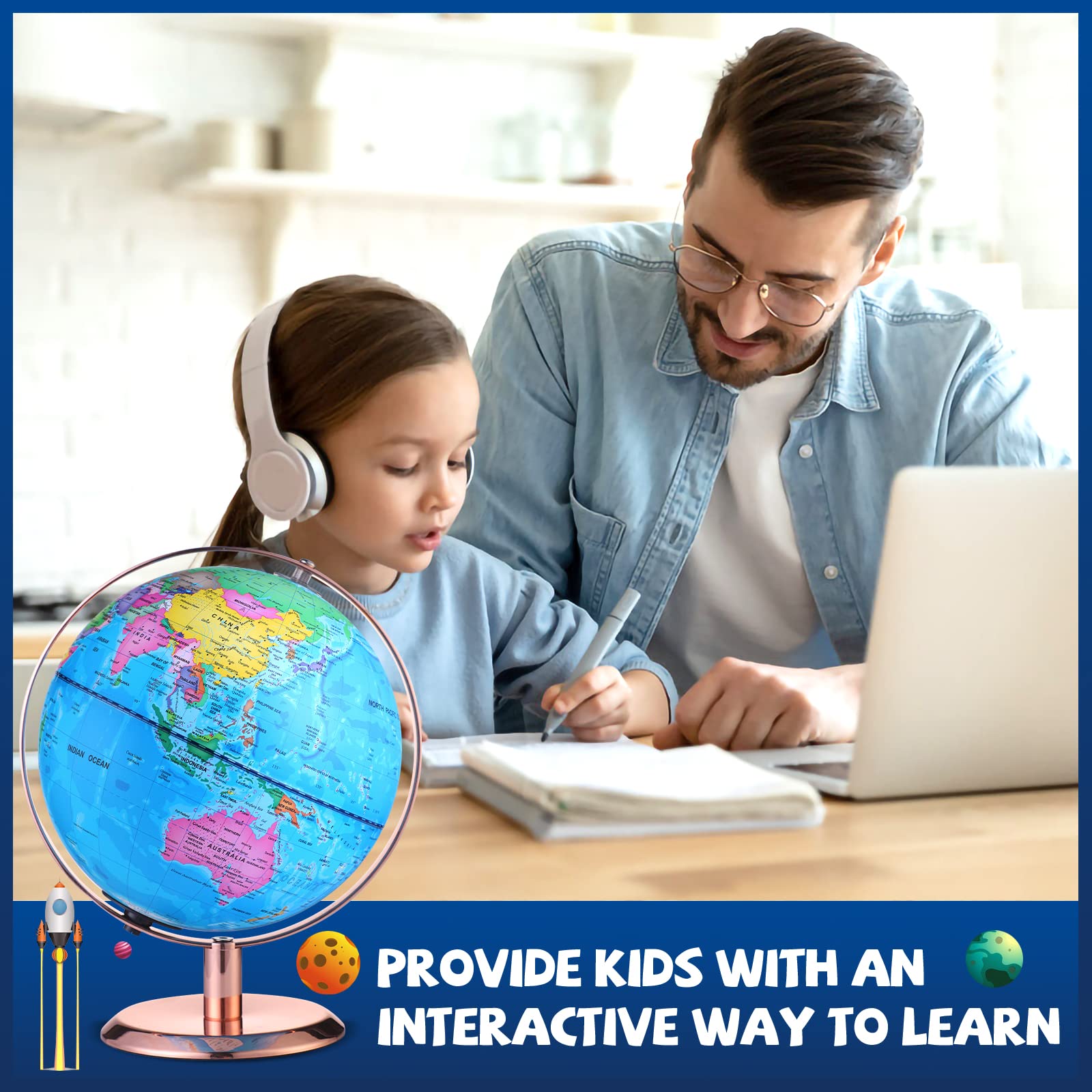 Globe for Kids Learning, 8 Inch Illuminated LED 3 in 1 Desktop Geographic Constellation Interactive Educational Discovery World Map Globes for School Child Adults Teaching Cafe Home&Office Decoration…