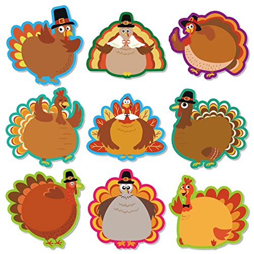 Whaline 45Pcs Thanksgiving Turkey Cutouts with 100Pcs Glue Points 9 Style Cartoon Turkey Pattern Paper Cut-Outs Bulletin Board Paper Cutting Decor for School Classroom Thanksgiving Party Supplies