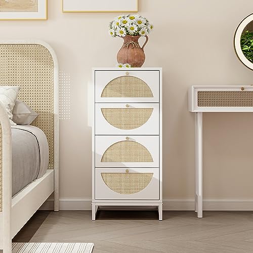 Natural Rattan Drawer Chest Storage Cabinet Suitable for Living Room and Bedroom, Bedroom Dresser with 4 Drawers for Small Space, Storage Tower Organizer Unit for Hallway/ Entryway/ Closets (White)
