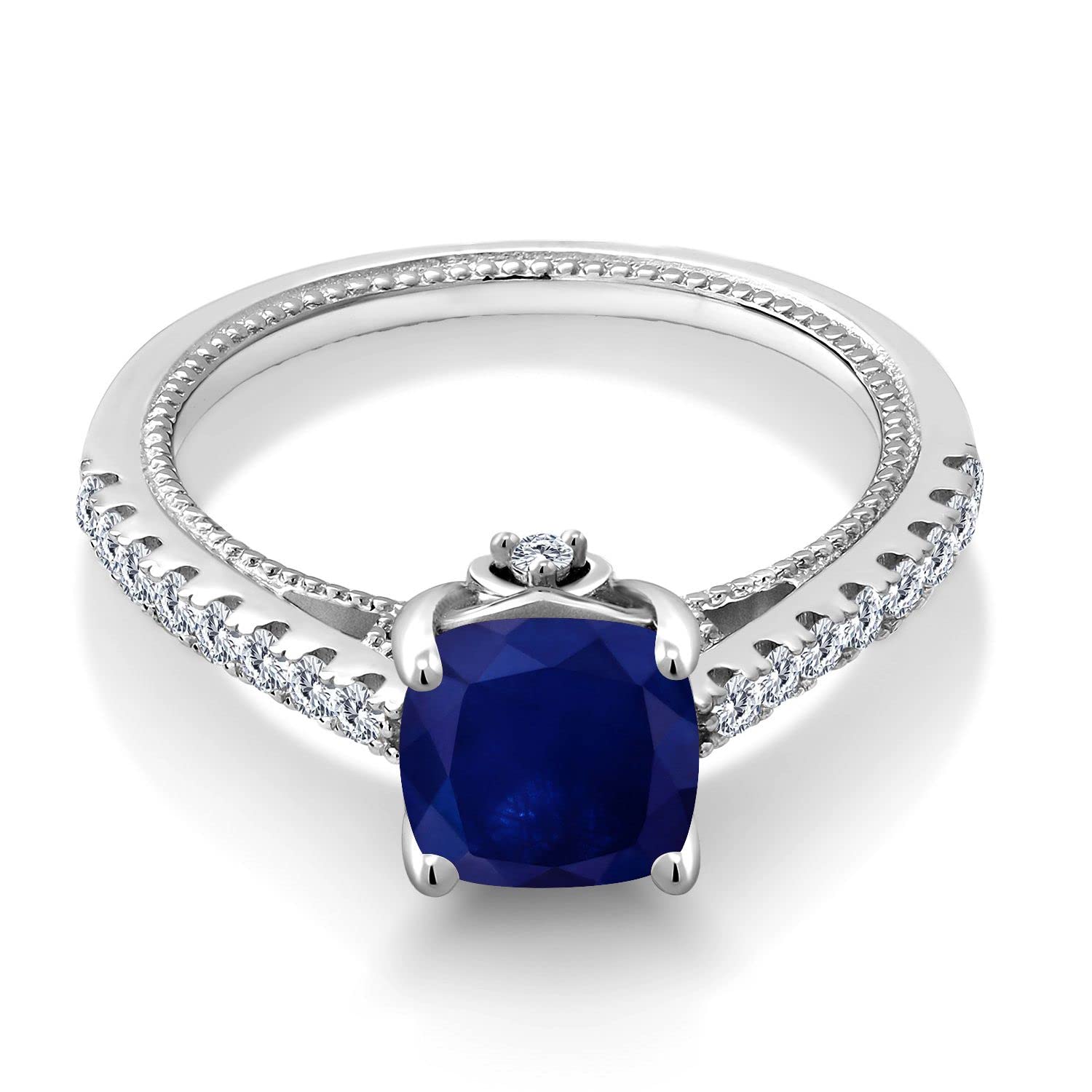 Gem Stone King 925 Sterling Silver Cushion 7MM Gemstone Birthstone and White Created Sapphire Engagement Ring | Wedding Engagement Anniversary Promise Ring For Women