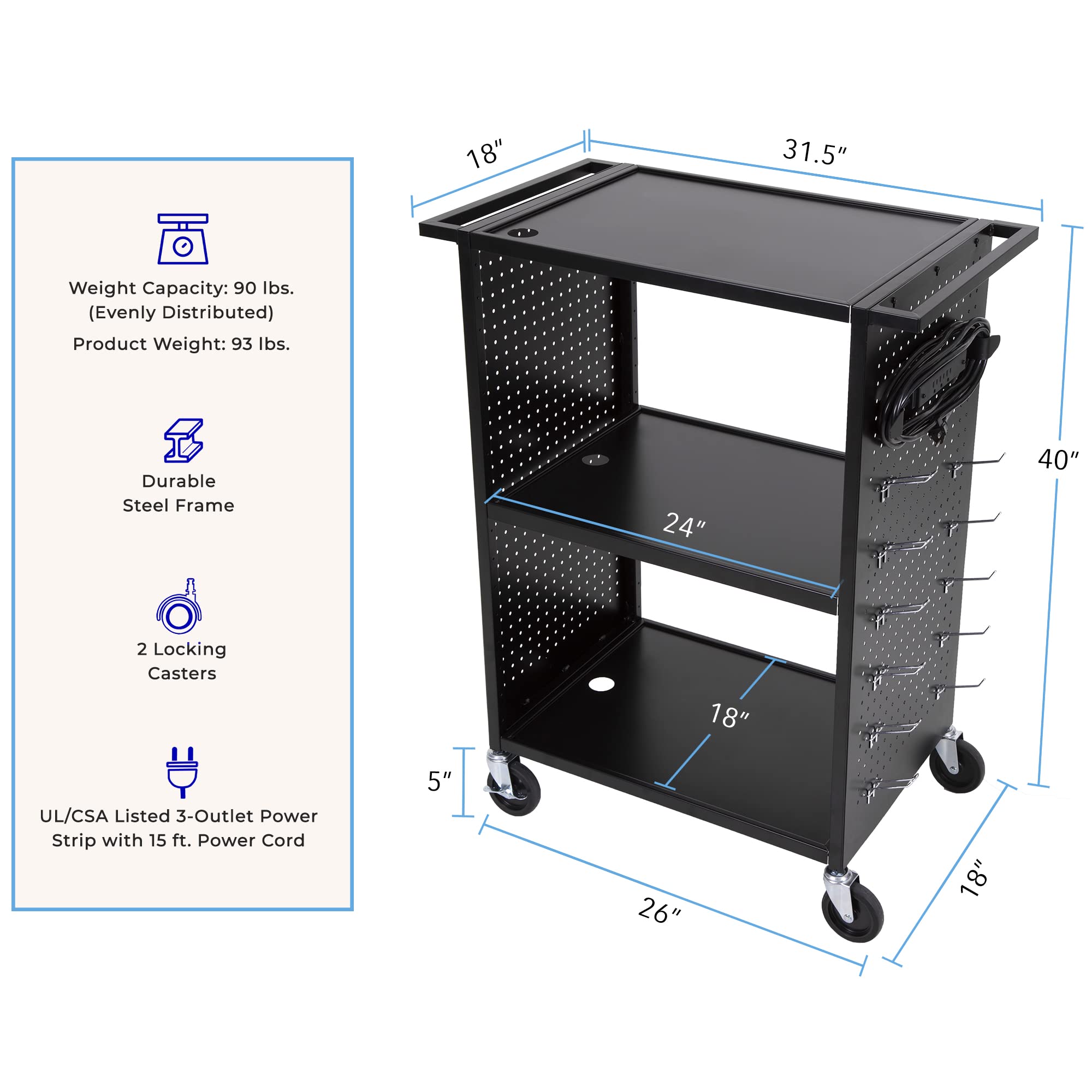 Line Leader Stellar AV Cart | Reimagine Your Teacher Cart with Revolutionary Pegboard Siding & 12 Movable Peg Hooks for Customizable Storage | UL Safety Certified Mobile Workstation & Computer Cart