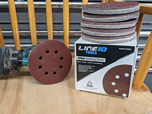 LINE10 Tools 100 Pack Sanding Discs, 40 Grit, 5 inch, 8 Holes, Hook and Loop Backing for Orbital Sanders