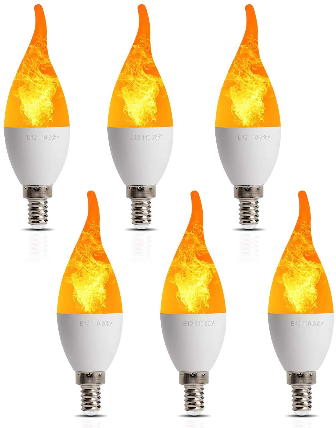 FIVEAGE LED Simulated Fire Flicker Flame Candelabra Bulbs 6 Pack,Warm White 2W 1800K Flickering E12 Flame Effect Light,3 Lighting Modes Emulation, General, Breathing for Indoor and Outdoor Decoration