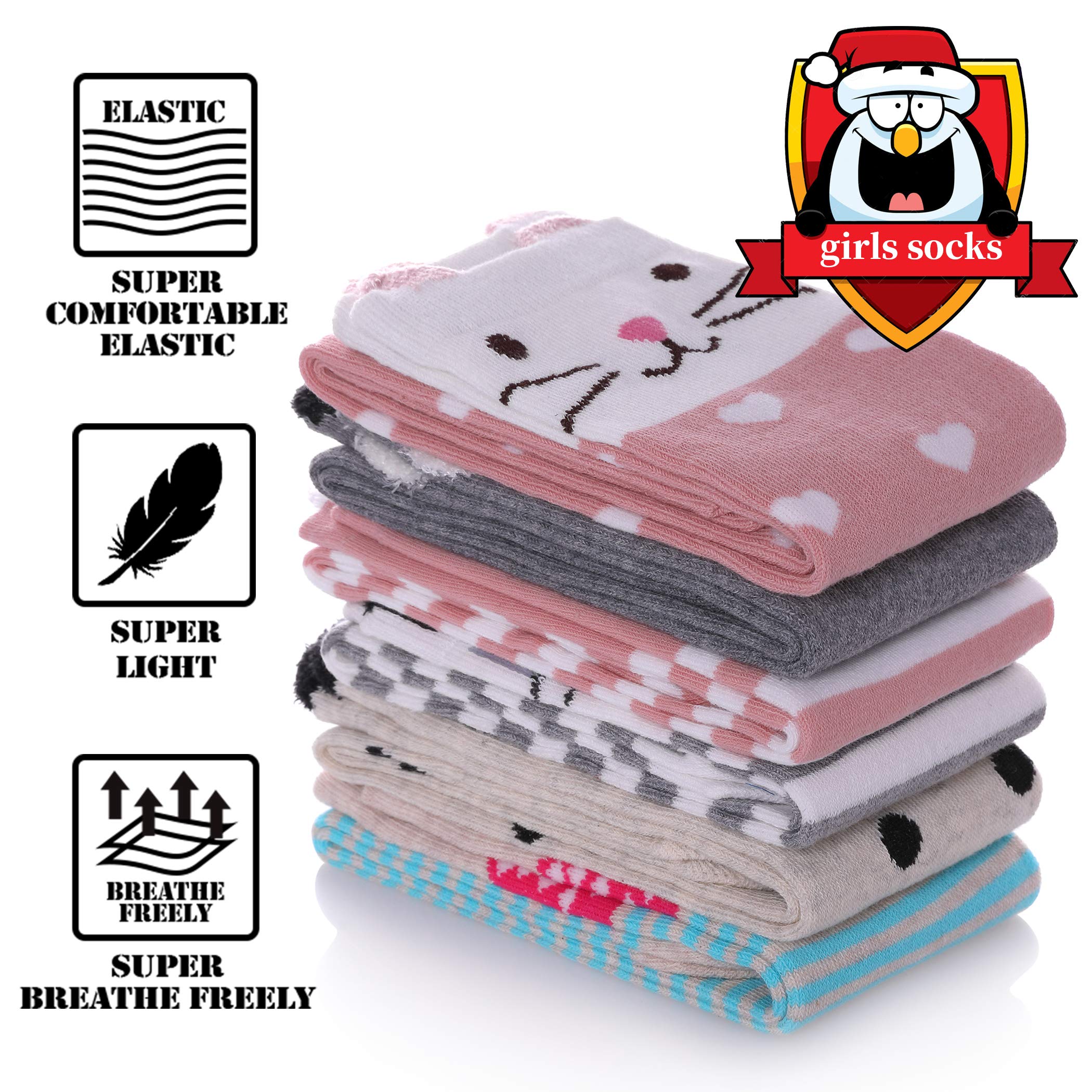 FNOVCO Girls Knee High Socks Cartoon Animal Patterns Cotton Over Calf Socks (6 Pairs Animal)