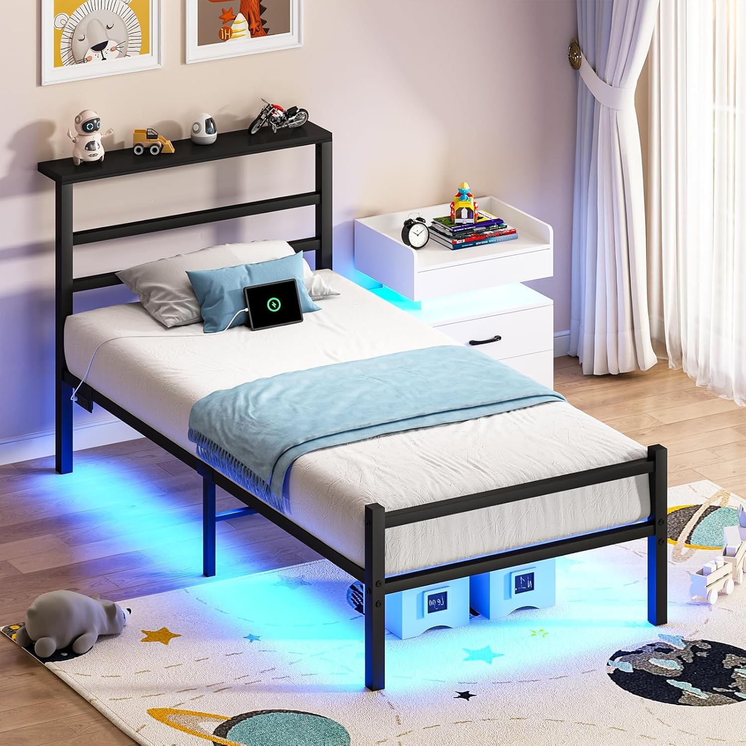 REVOMINCA Twin Bed Frame with Charging Station, Metal Platform Bed Frame with LED Lights, Storage Headboard, Heavy Duty Steel Slats, No Noise, Easy Assembly