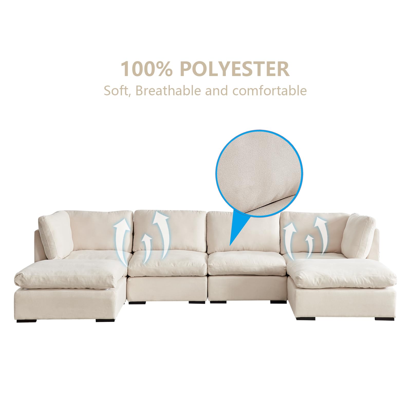 N NOORDENIYA 129'' Polyester U Shape Sectional Cloud Sofa, Oversized Modern Cloud Sectional Couch with Reversible Chaise, 6 Seater Sofa Set for Living Room, Apartment, Office. Beige