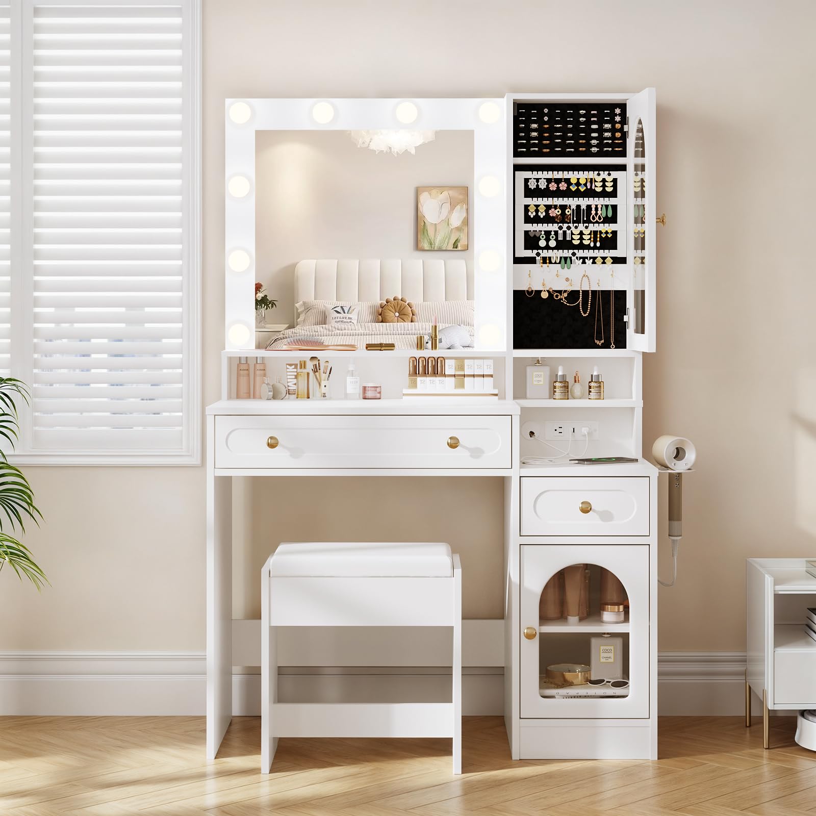 Mauqvit Vanity Desk with Mirror and Light,Vanity Desk with 2 Large Drawers, 2 Large Storage,Charging Station and 10 Lights 3 Lighting Modes Adjustable Brightness Dresser, White