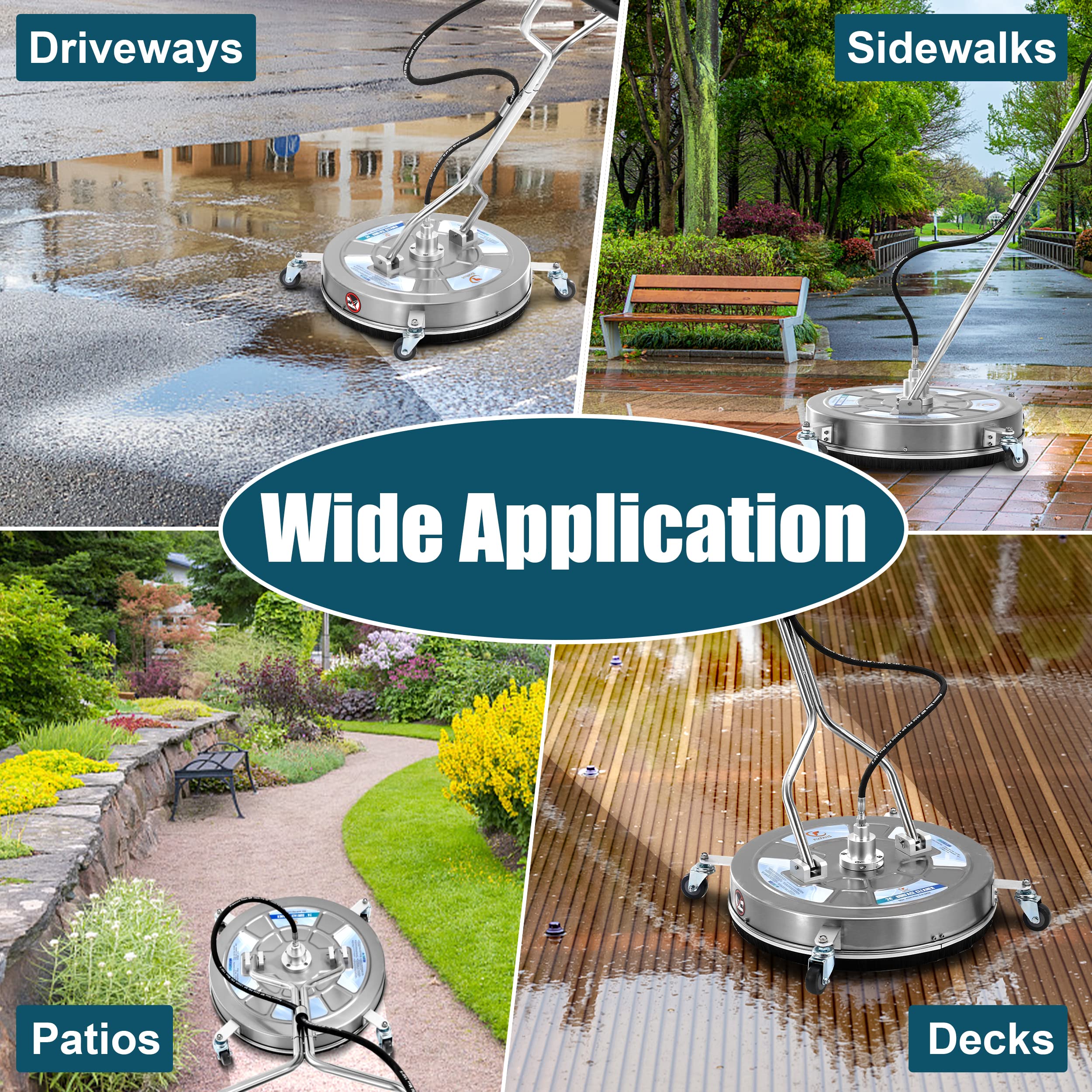 FIXFANS 24" Pressure Washer Surface Cleaner with 4 Wheels, Dual Handle, Stainless Steel Power Wash Surface Washer Attachment, 4500 PSI Pressure Washer Accessory for Driveway Sidewalk Patio Cleaning
