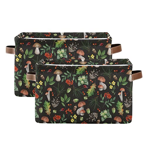 Kigai Collapsible Storage Basket with Handles, Mushroom Leaves Canvas Fabric Storage Bins Toys Clothes Organizer for Bedroom, Nursery, Shelves, Closets (1PACK)