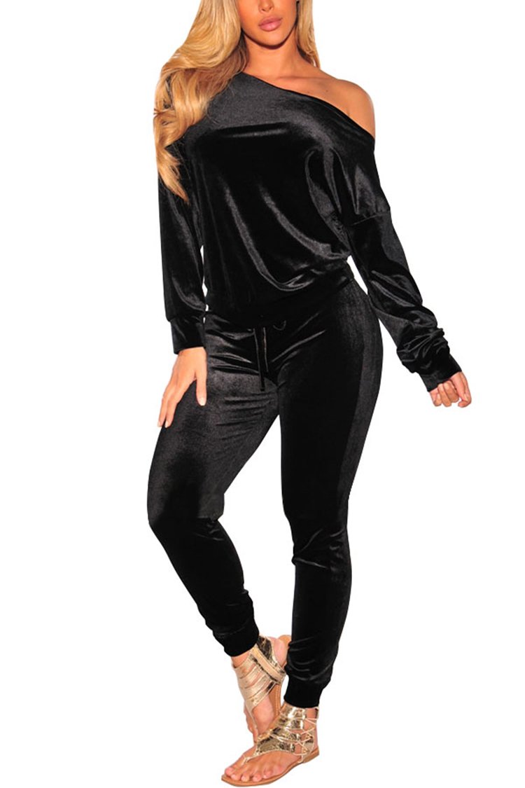 Fixmatti Women Velour off Shoulder Sweatshirts Long Pantsuit Jogger Sweatsuits M Black
