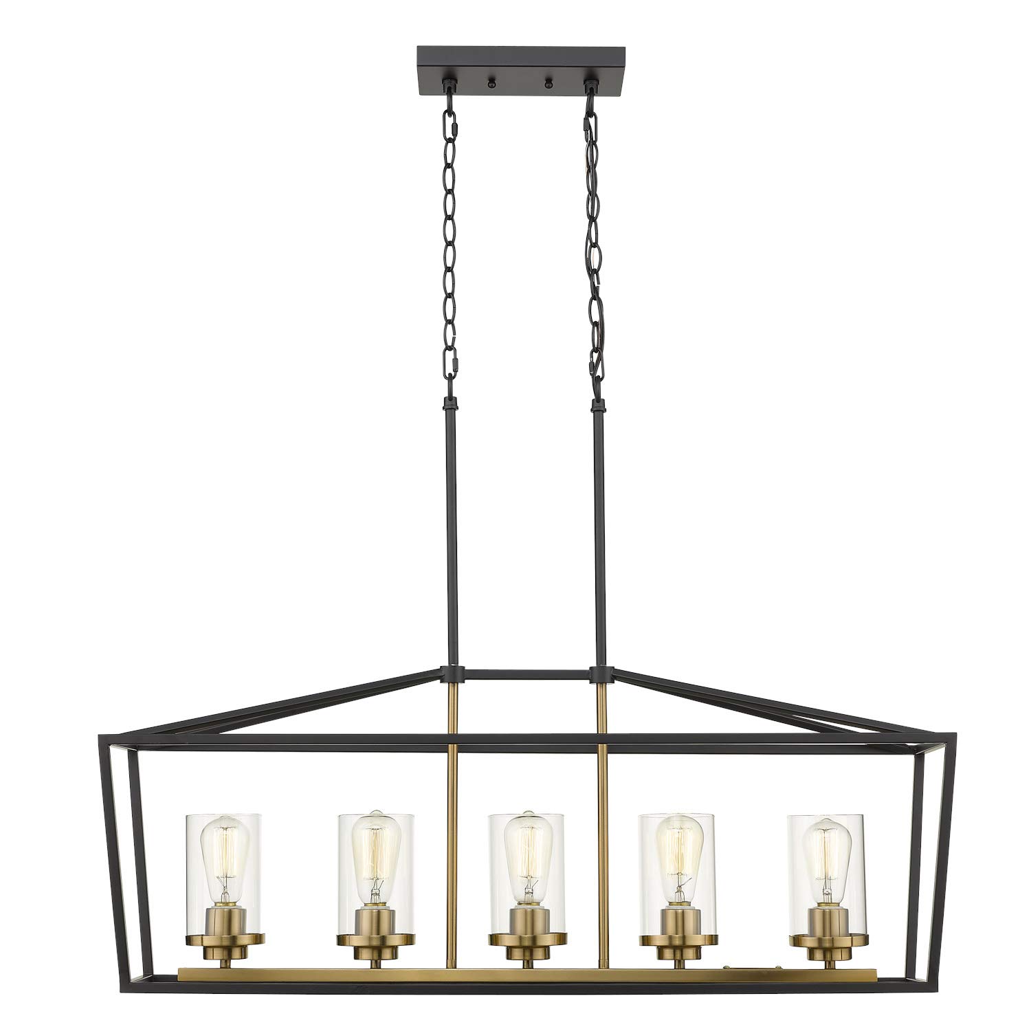 Emliviar Modern 5-Light Kitchen Island Pendant Light Fixture, Linear Pendant Lighting, Black and Gold Finish with Clear Glass Shade, P3033-5LP