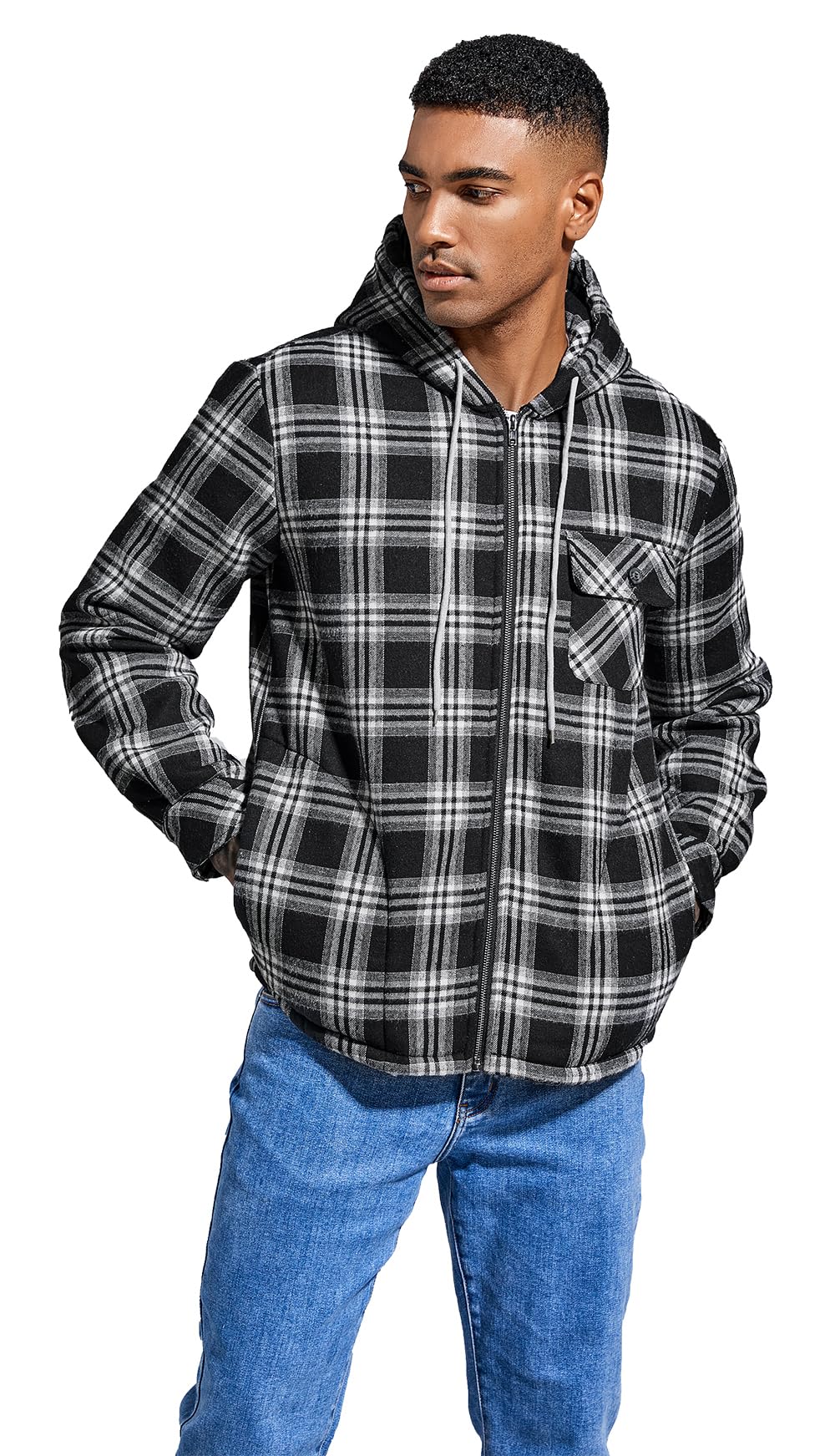 Elesuit Men's Flannel Shirt Jacket Plaid Full Zip Hoodie Fleece Lightweight Jacket Warm Winter Casual Thick Coats Black Large