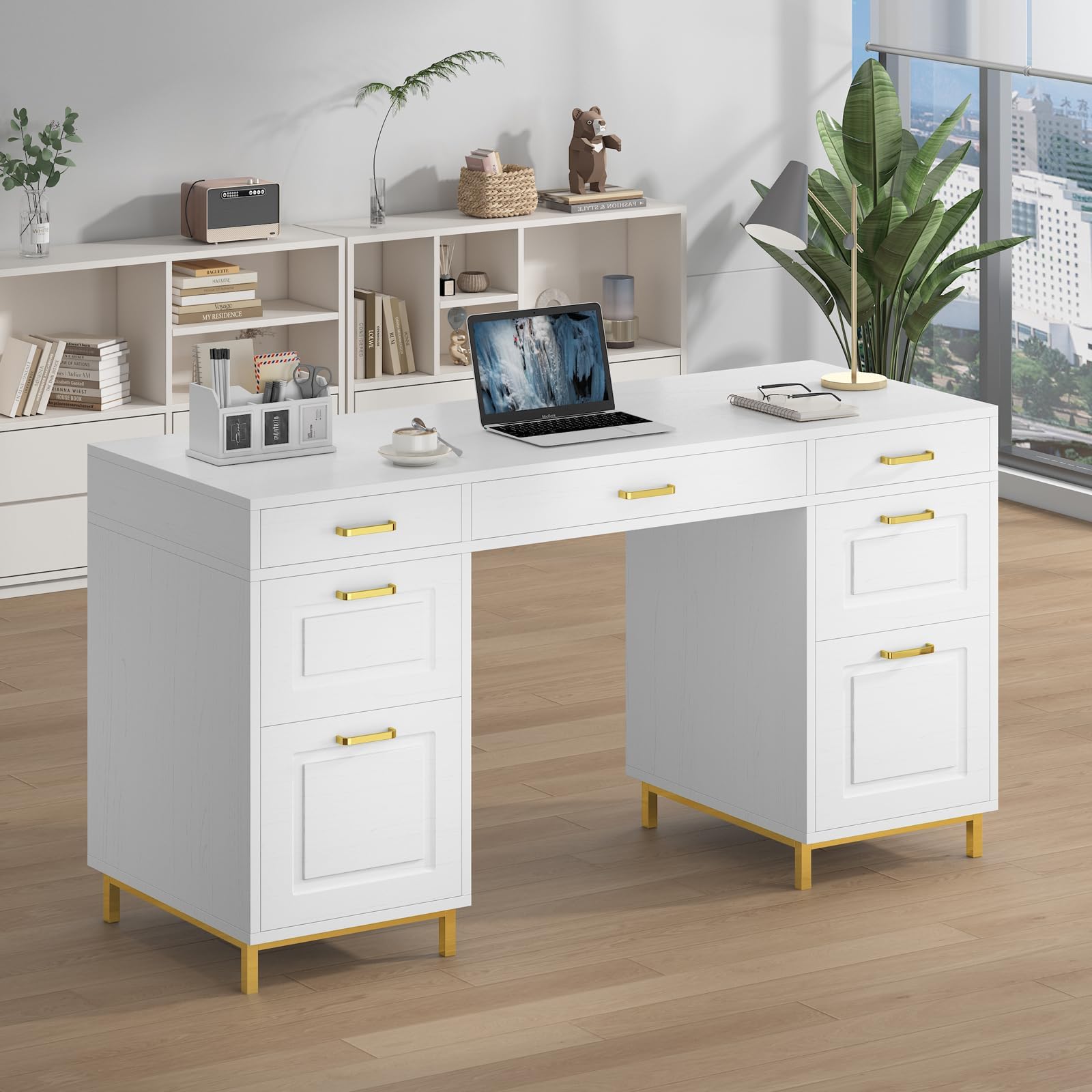 MaverickFurni 57β Executive Desk with 7 Drawers, White Office Desk with Storage Cabinet, File Drawer, Computer Desk for Home Office, Wood Writing Desk, White & Gold