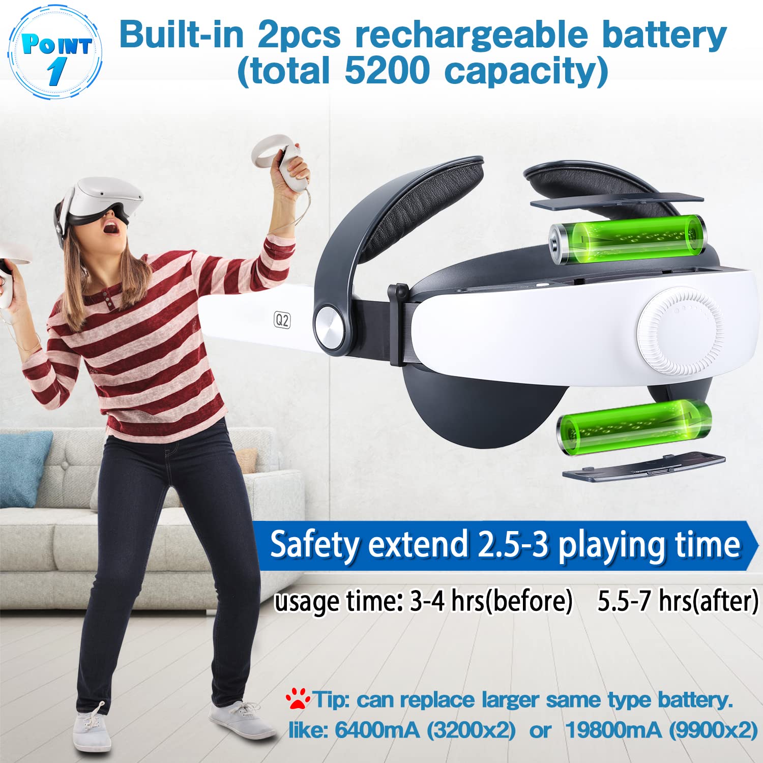 Head Strap for Oculus Quest 2 with 5200 Power Battery Pack - Elite Strap Extend Playtime Up to 7 Hours for Meta VR Replacement Headset Accessories Comfortable Lightweight…