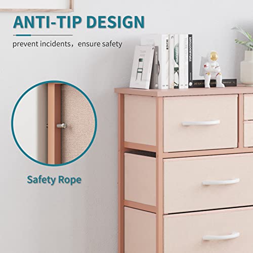 LUMTOK 10-Drawer Dresser, Fabric Storage Dressers Drawers for Bedroom, Hallway, Nursery, Closets, Steel Frame, Wood Top, Easy Pull Handle (Rose Gold)