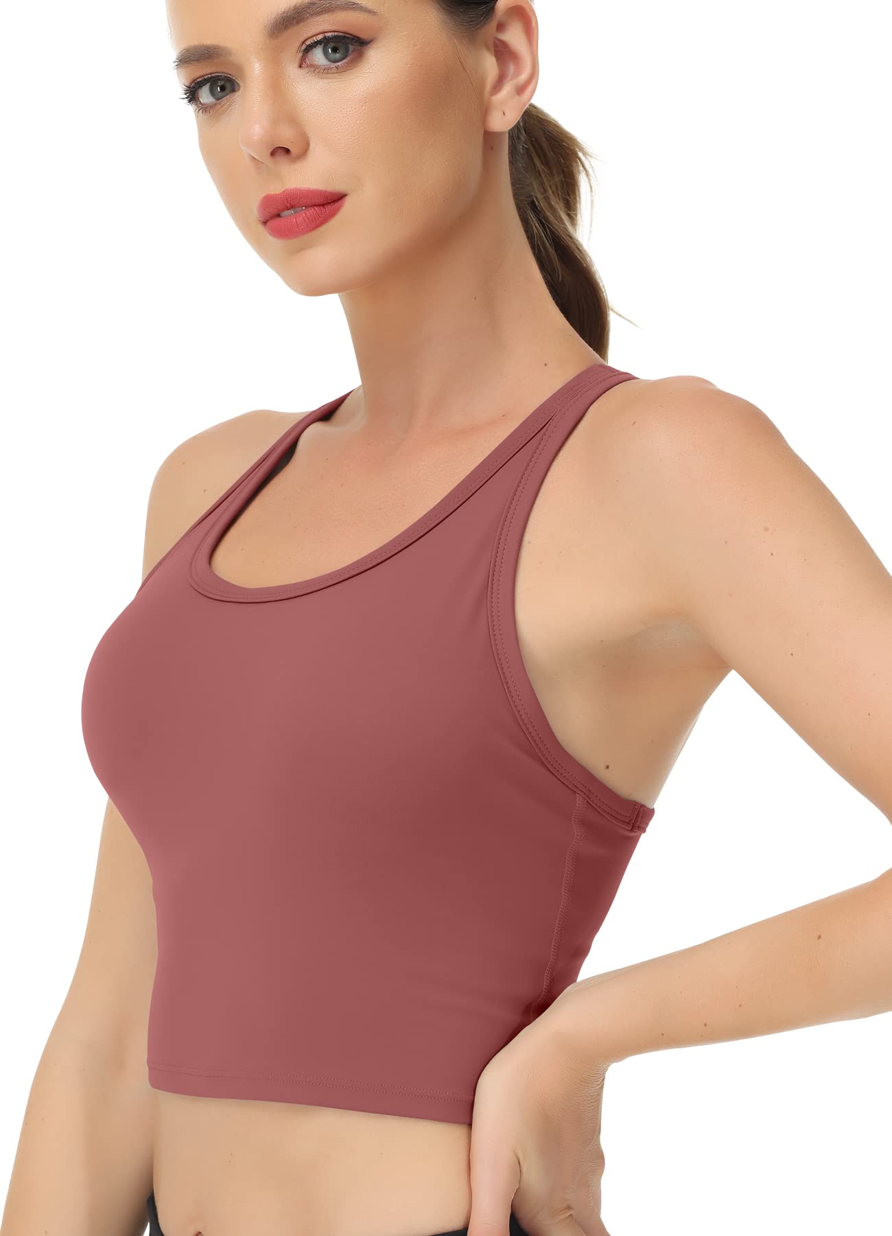 High Neck Longline Sports Bras for Women Sewn in Pads Ribbed Tank Tops for Yoga Gym Full Back Coverage Workout Crop Top Medium