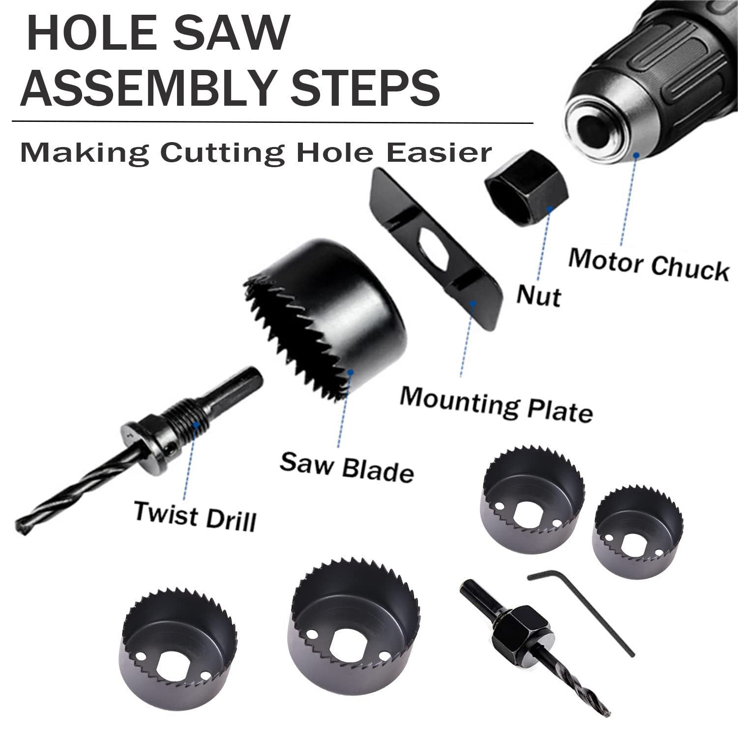 Hole Saw Kit, 6-Piece Set. Specially Constructed Heat Treated Carbon Steel, Metal Hole Saw Kit Mandrels, Ideal for Soft Wood, PVC Board,Wood, Plastic, Drywall