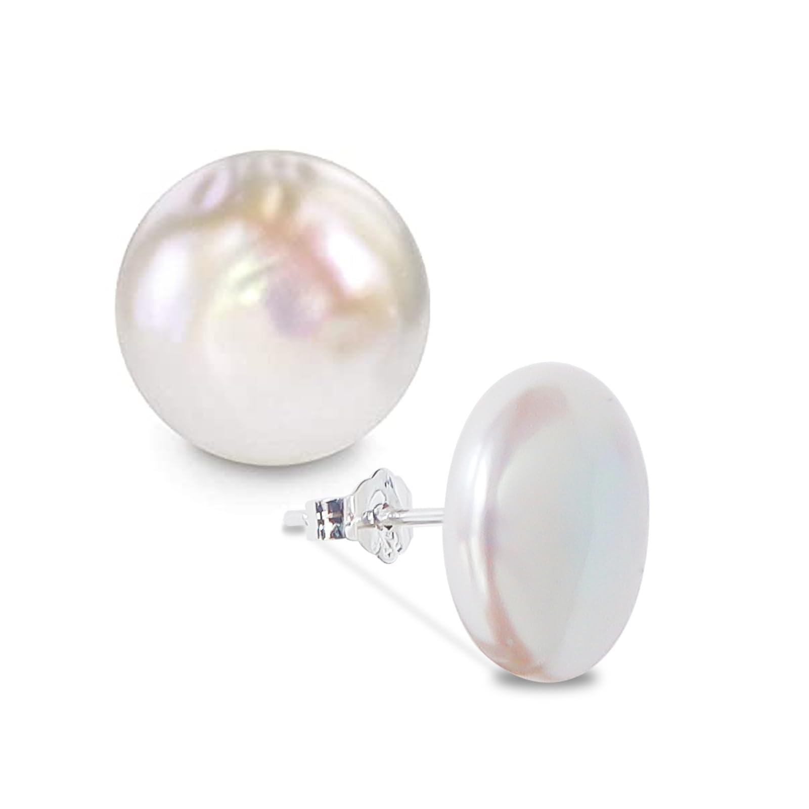 Freshwater Coin Pearl Earrings for Women, Button Shape Pearl Stud Earrings, 13-14mm