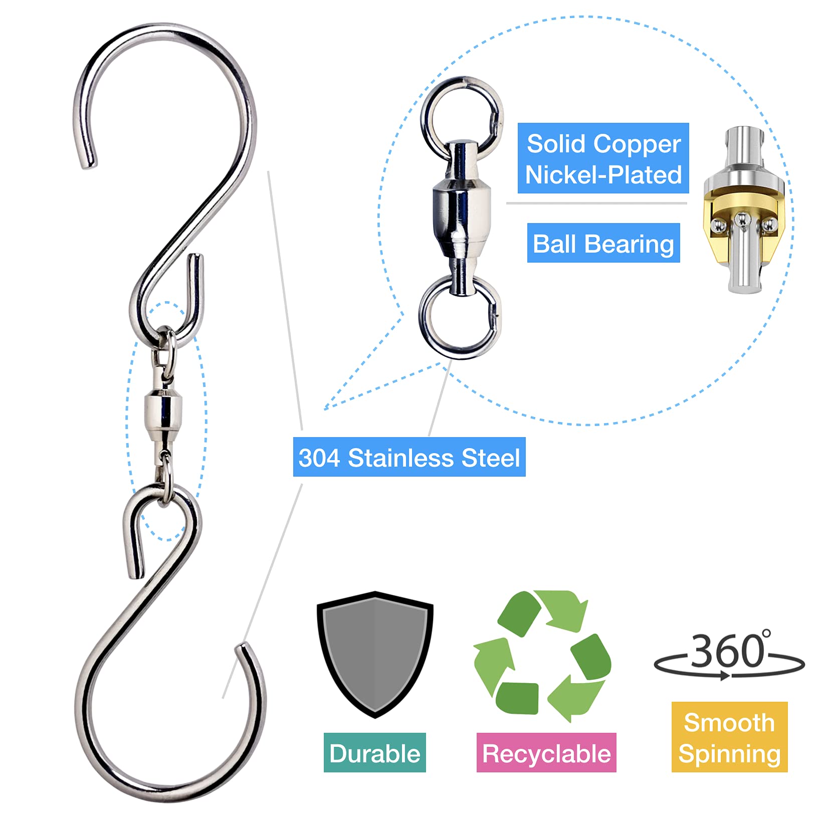 HS's Creation 6 Pack Dual Swivel S Hooks for Indoor Outdoor Organization Spinning Hanger Wind Chimes Spinner Prism Windsocks Hanging Plant Hanging Crystal Ornaments Rainbow Maker Pendant Etc.