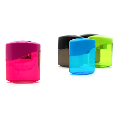 Emraw Dual Blades Sharpener Square Receptacle to Catch Shavings for Regular & Over Size Pencils & Crayons Designed in Blue, Green, Pink and Black Plastic - Great for School, Home & Office (6 Pack)