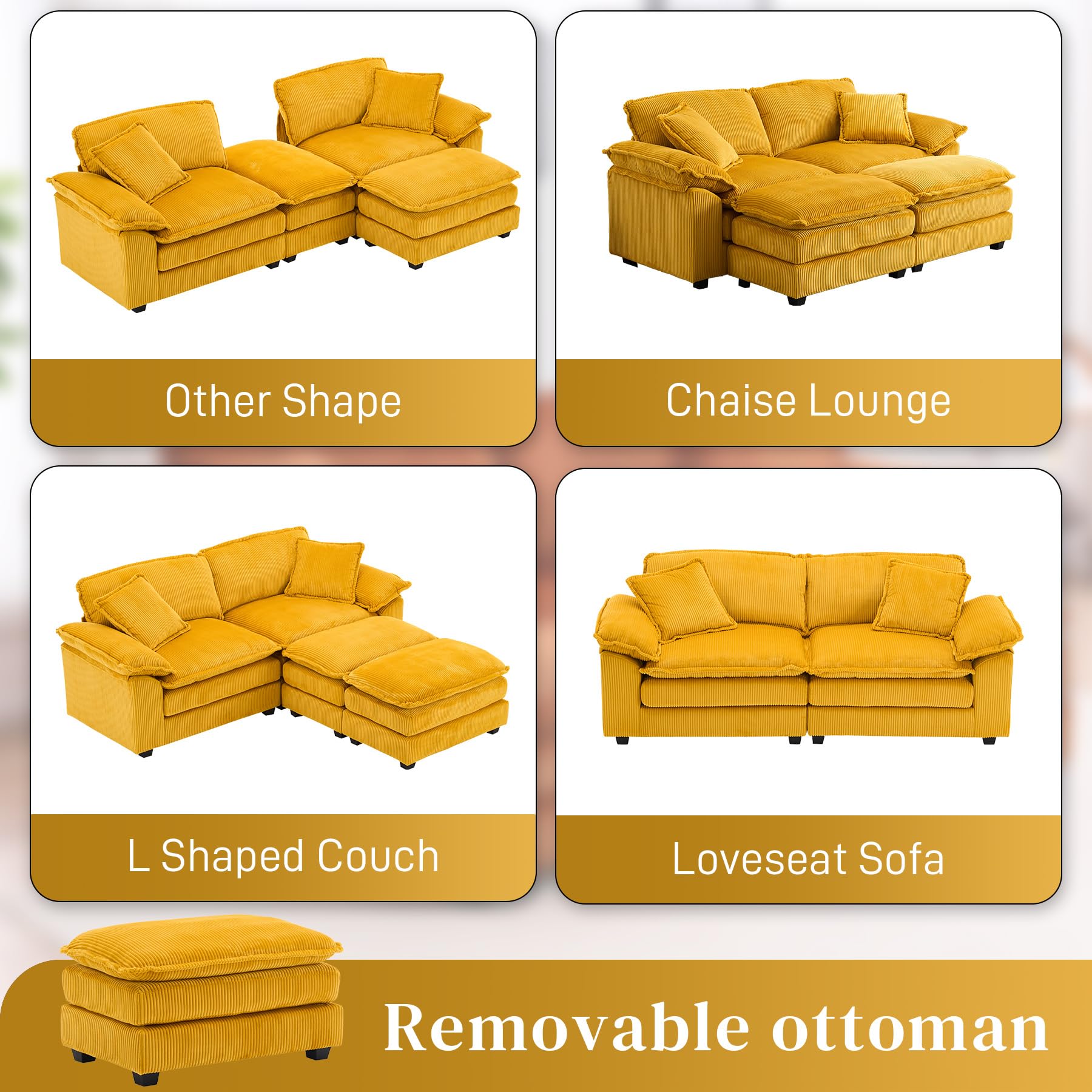ONEMMLION 84.6" Modular Sectional Sofa Oversized Loveseat, Modern Upholstered Cloud Couch with 2 Ottoman, Comfy Corduroy Deep Seat Sleeper Sofa for Living Room, Small Space, Yellow