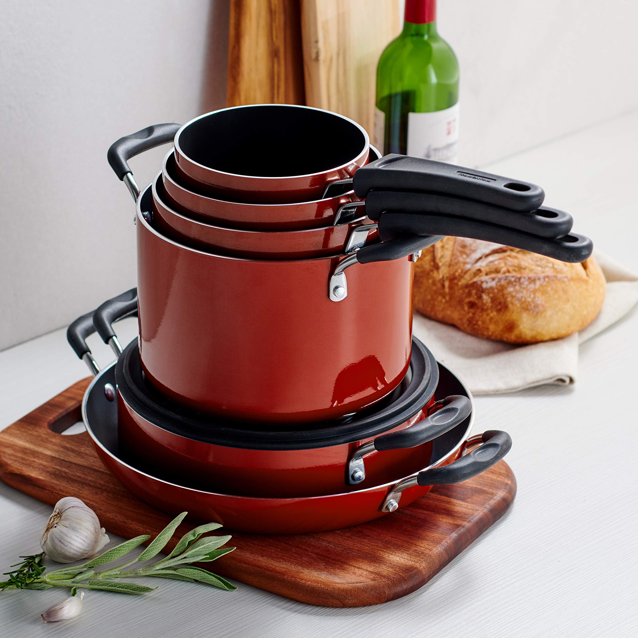 Tramontina Aluminum Non Stick 11-Piece Nesting Pots and Pans Set with Lids - Red, Kitchen Nonstick Cookware Set, Dishwasher and Oven Safe