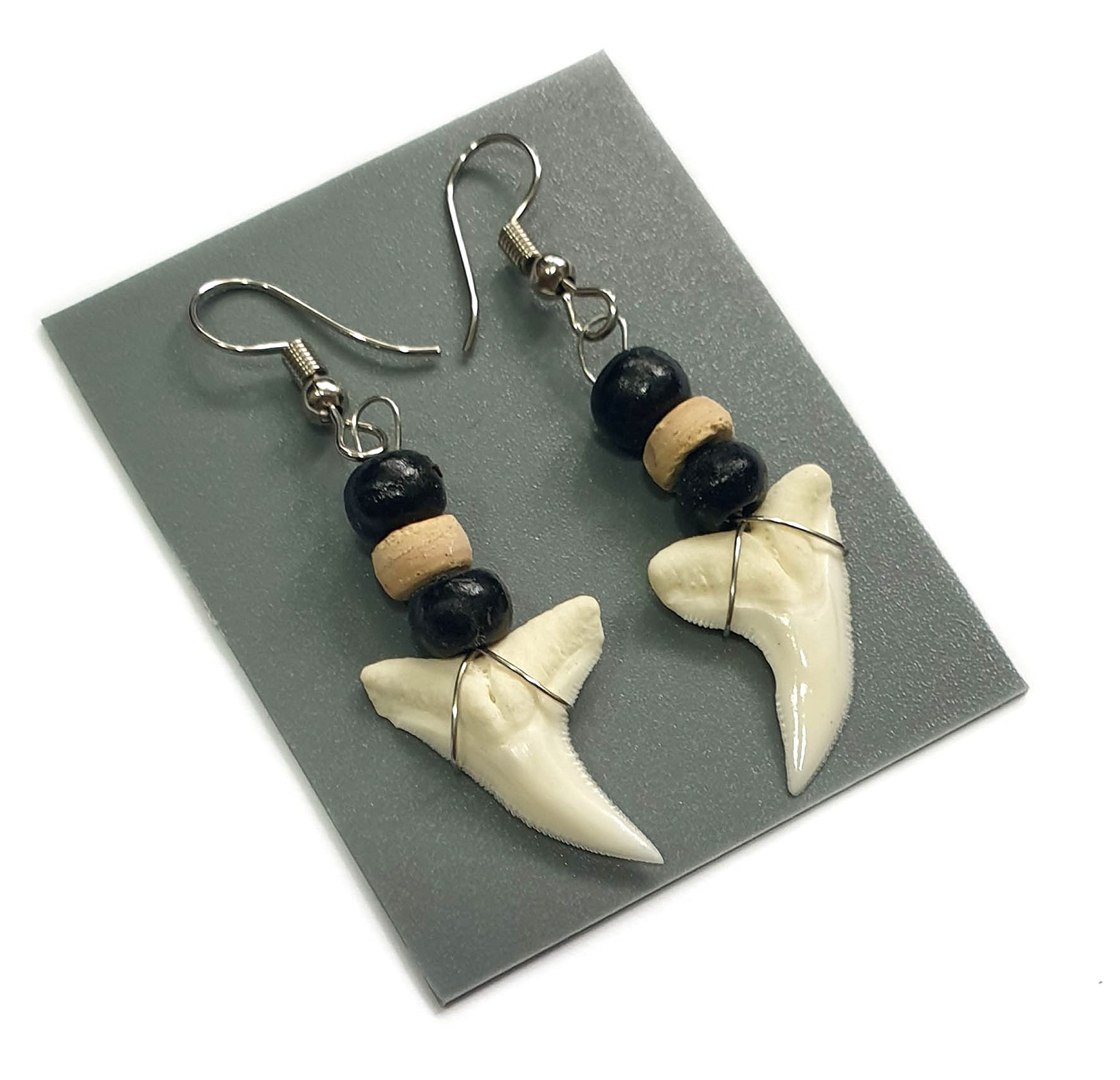 Genuine Mako Shark Tooth Earrings, Handmade Wooden Beads Dangle Shark Tooth Earrings for Women Jewelry GA056-A