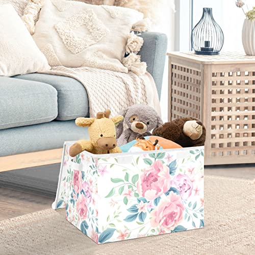Kigai Storage Basket Pink Rose Flower Floral Storage Boxes with Lids and Handle, Large Storage Cube Bin Collapsible for Shelves Closet Bedroom Living Room, 16.5x12.6x11.8 In