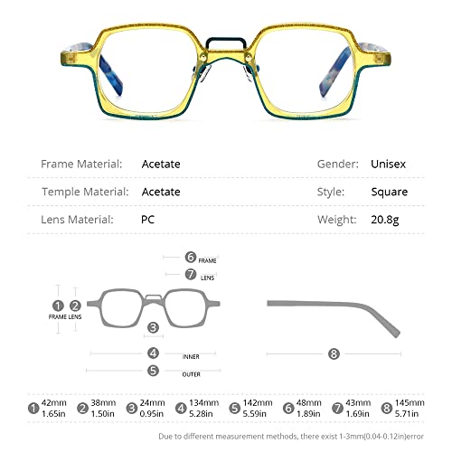 HEPIDEM Powder Acetate Glasses Frame Men Vintage Square Eyeglasses Women Optical Spectacles (9318 Yellow Blue)