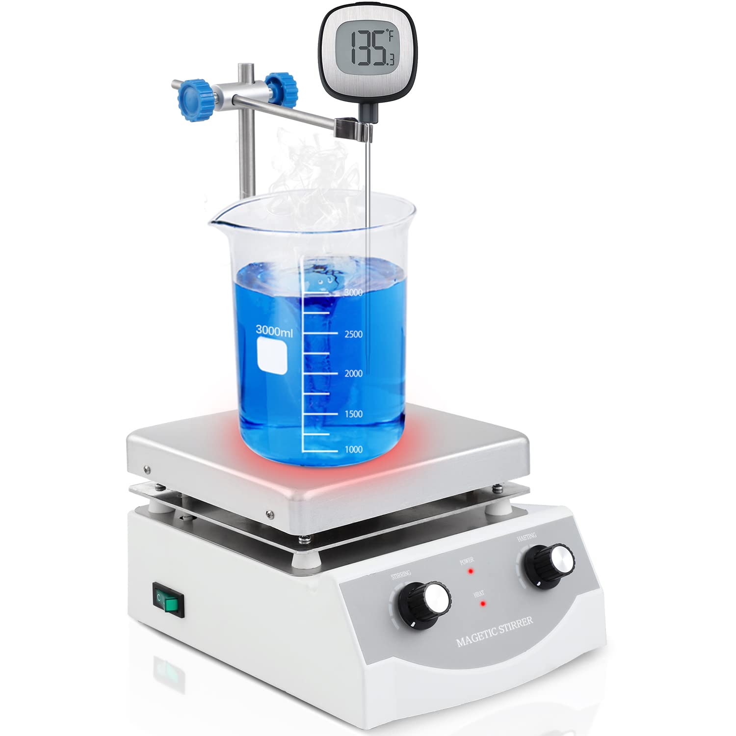 Hot Plate Magnetic Stirrer 3000ml, 7 Inch Hot Plate Stirrer with Stirring Bar&Support Stand, Max 300℃(572°F), 0-1600rpm, Magnetic Stirrer Hot Plate Mixer for Lab Heating and Mixing