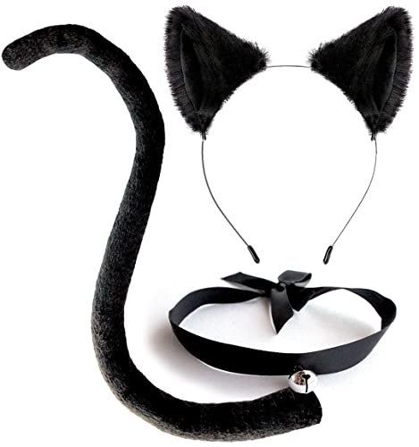 OLYPHAN Cat Ears and Tail Costume Accessories Anime Ear Clips Headband Black Tail Long/Choker for Cosplay Cat Costume Set Animal Ears Hair Clip for Women, Halloween, Neko Accessory Kit