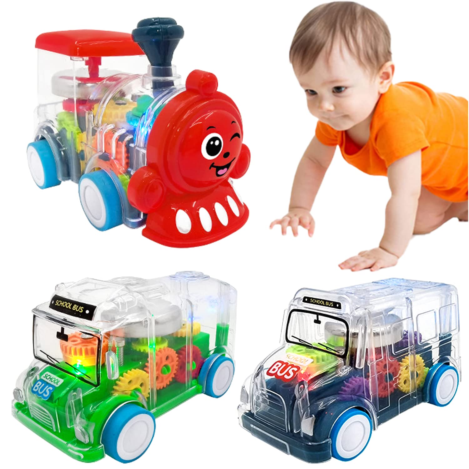 HT HONGTENG Transparent Car Toys 3 Sets,Inertial Vehicle with LED Effects and Ringtone,Color Moving Gear,3-6 Years Old Children's Birthday Educational Toys (City Vehicles)