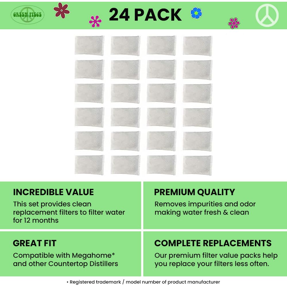 Green Piece® Activated Charcoal Water Filter Replacements - 24 Filters - Perfect For Most Countertop Water Distillers