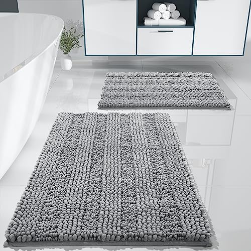 Yimobra Luxury Chenille Shaggy Bathroom Rug Set, 2 Pack Soft Fluffy Plush Bath Mat, Extra Thick, Non-Slip, Water Absorbent, Machine Washable, Bath Mats for Bathroom (Grey, 20" x 32"+17" x 24")