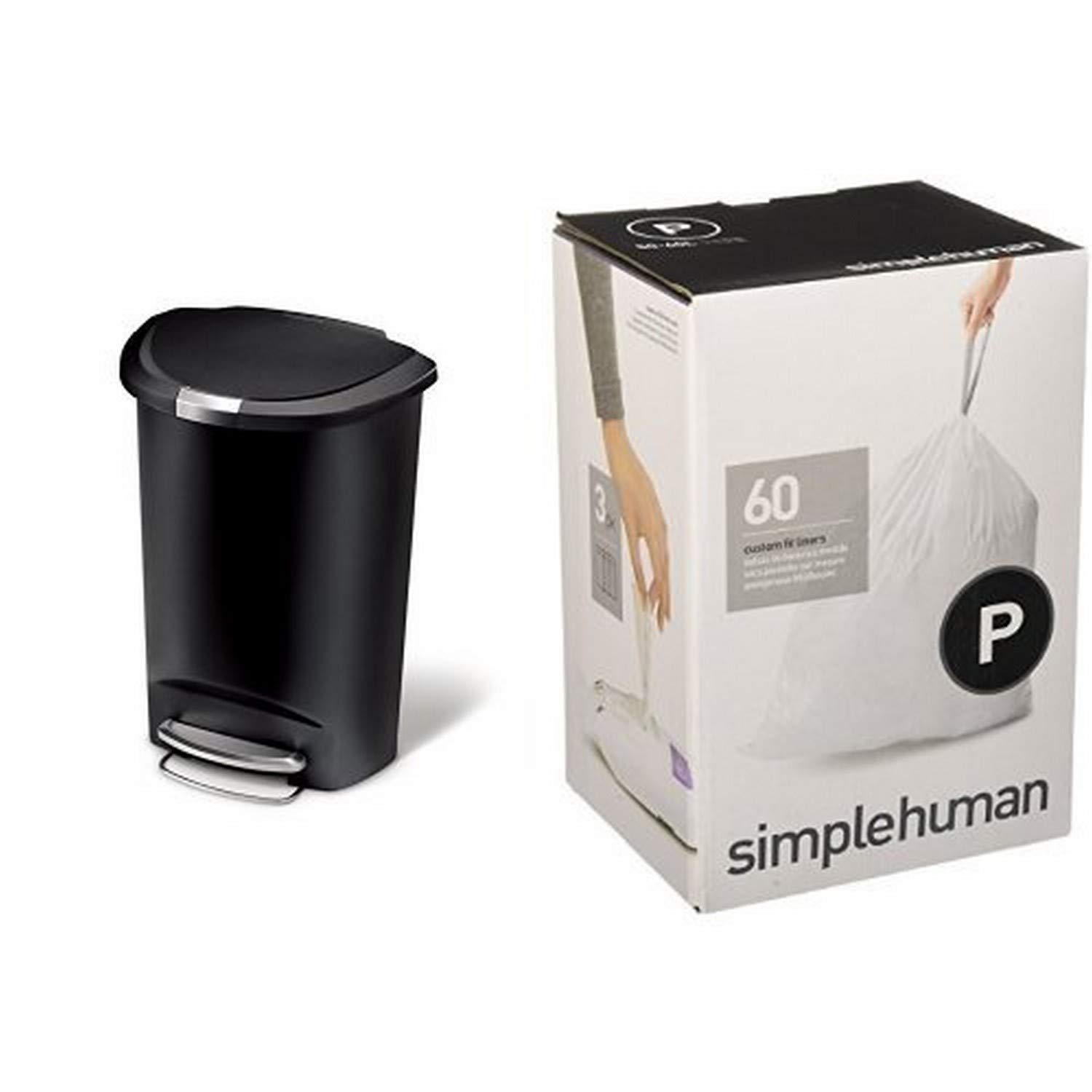 simplehuman 50 litre semi-round step can black plastic + code P 60 pack liners